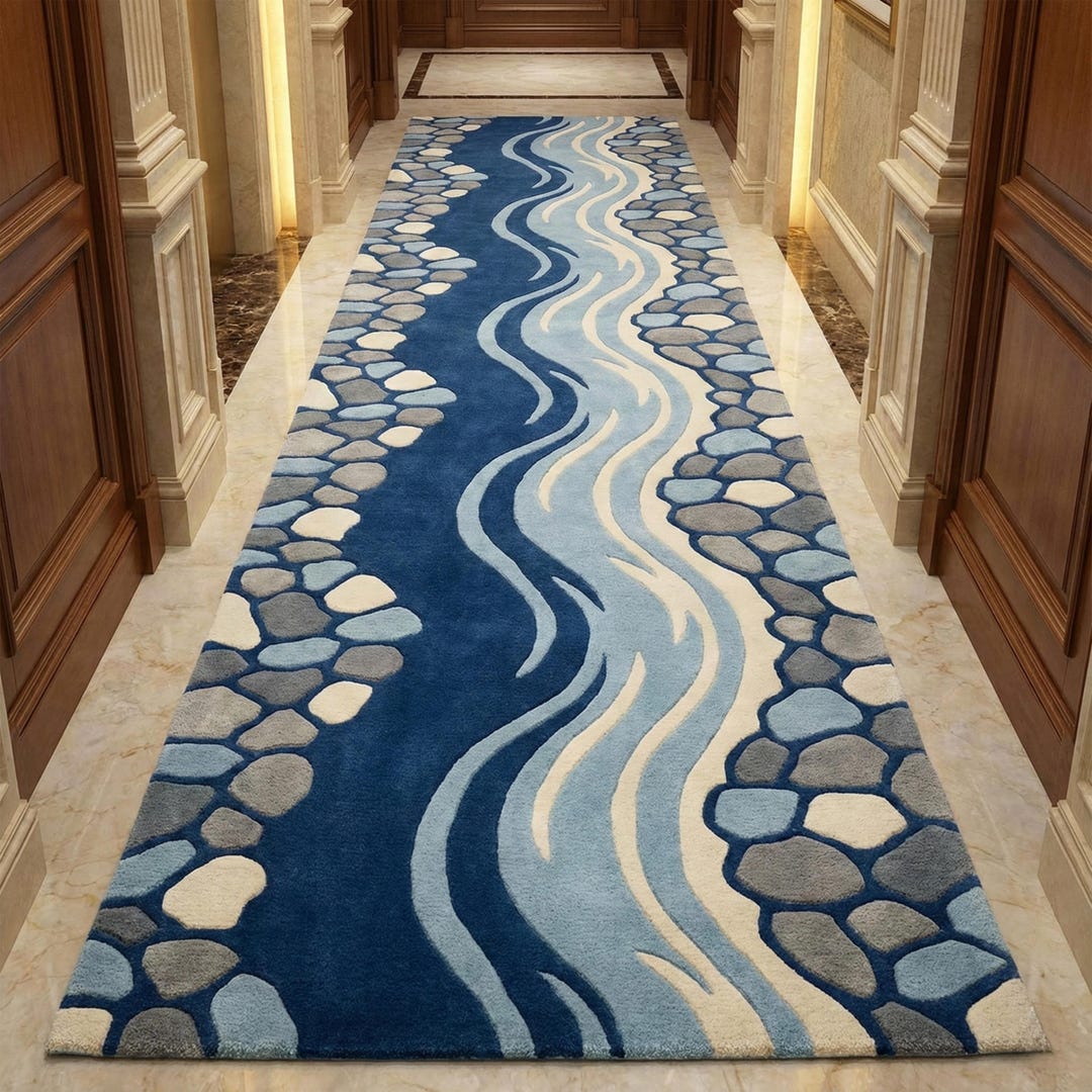River Flow Hand Tufted Wool Runner Rug – Abstract Stone & Water Design ...