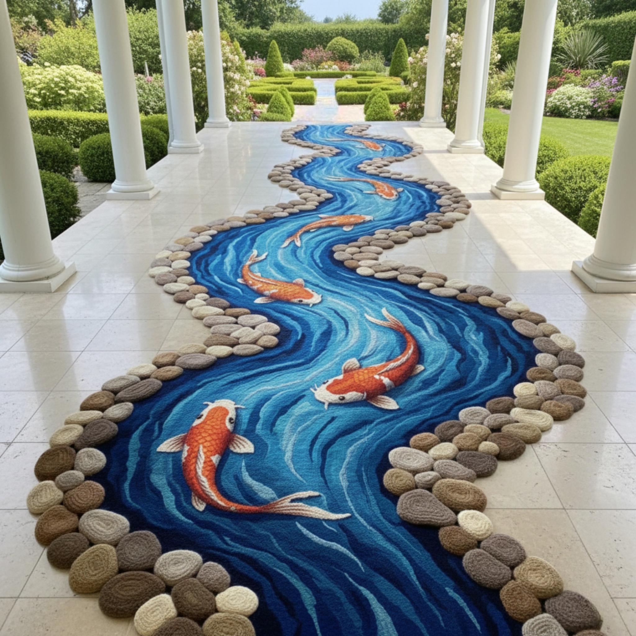 Koi Fish River Nature Inspired Rug | Embossed Hand Tufted Wool Carpet ...