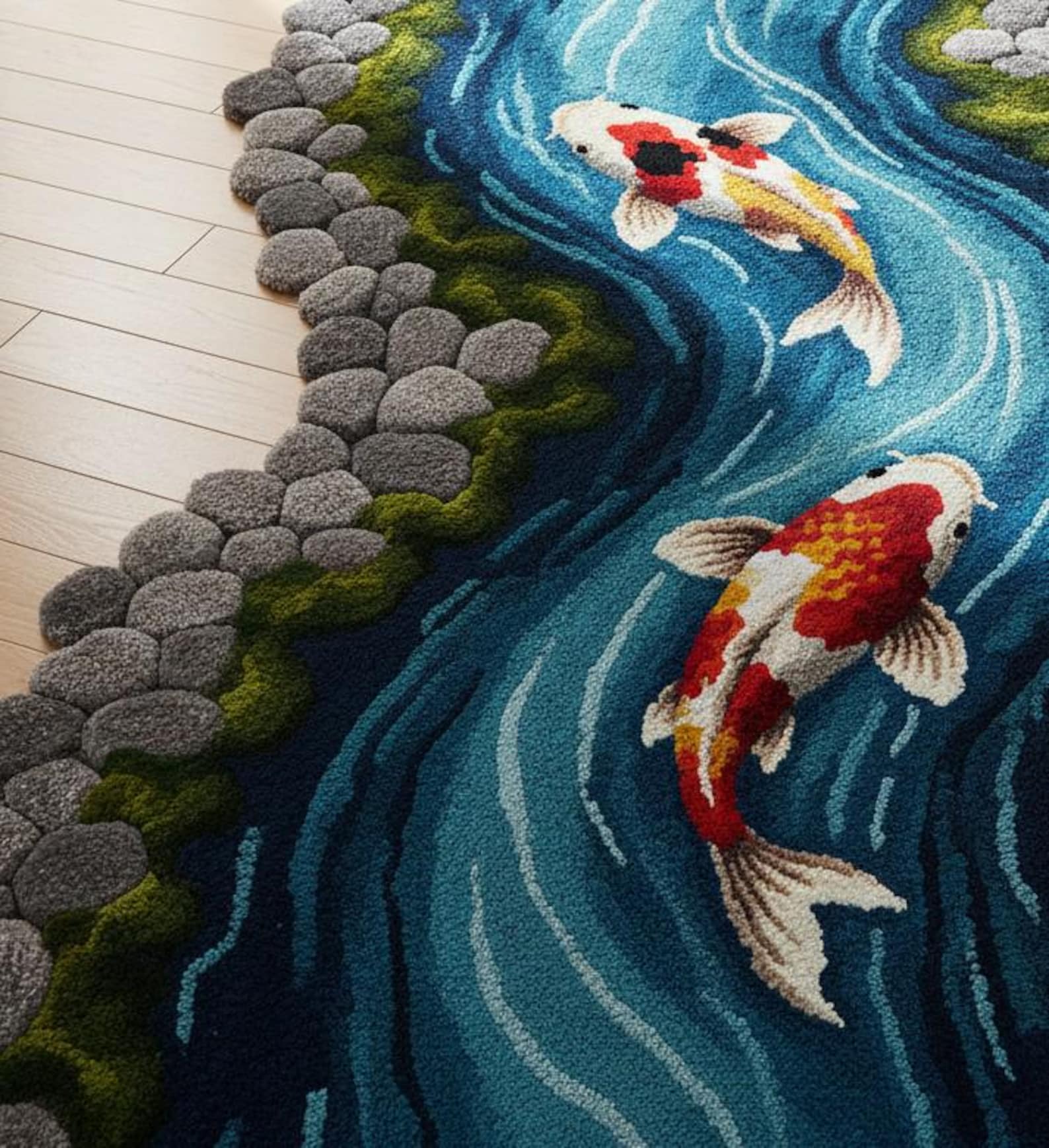 Koi Fish River Rug | 3D Hand Tufted Wool Carpet | Nature Inspired ...