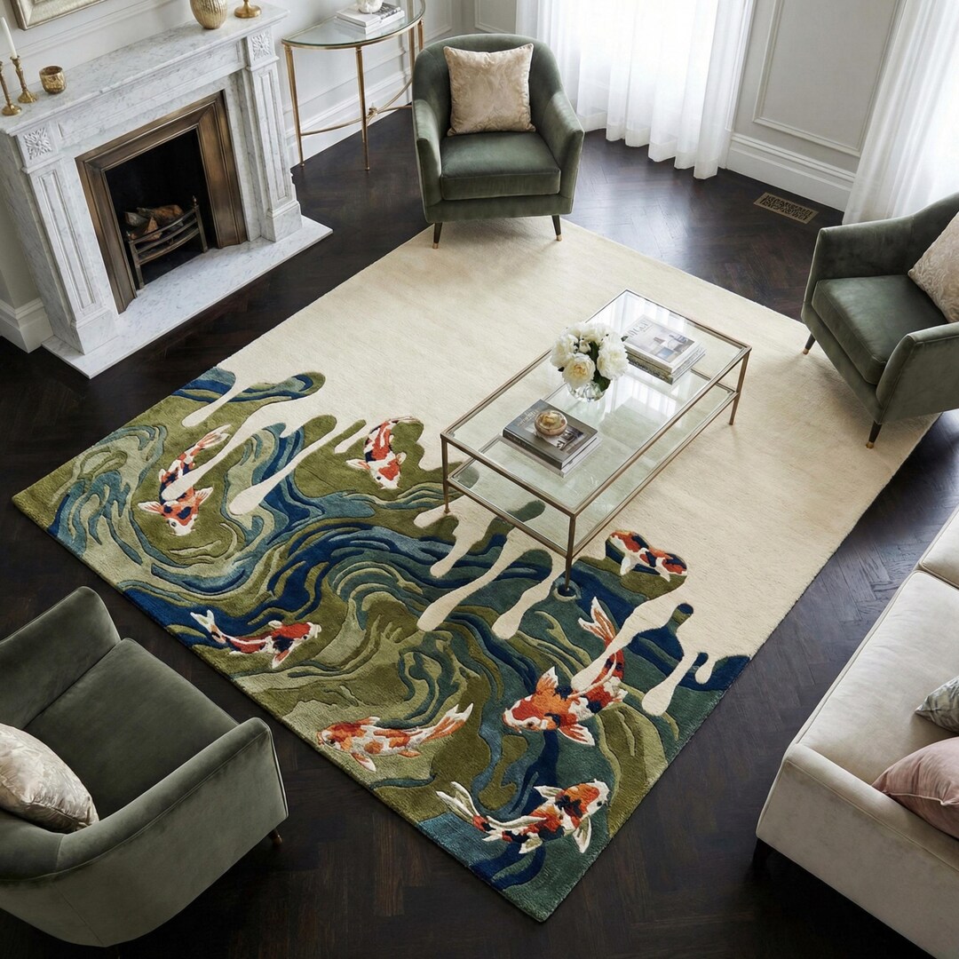 Hand Tufted Koi Fish Area Rug – Forest Floor Koi River Pond Wool Rug ...