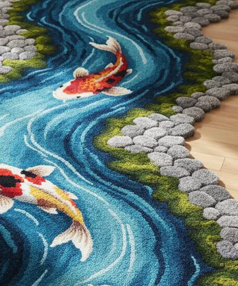 Koi Fish River Rug | 3D Hand Tufted Wool Carpet | Nature Inspired ...