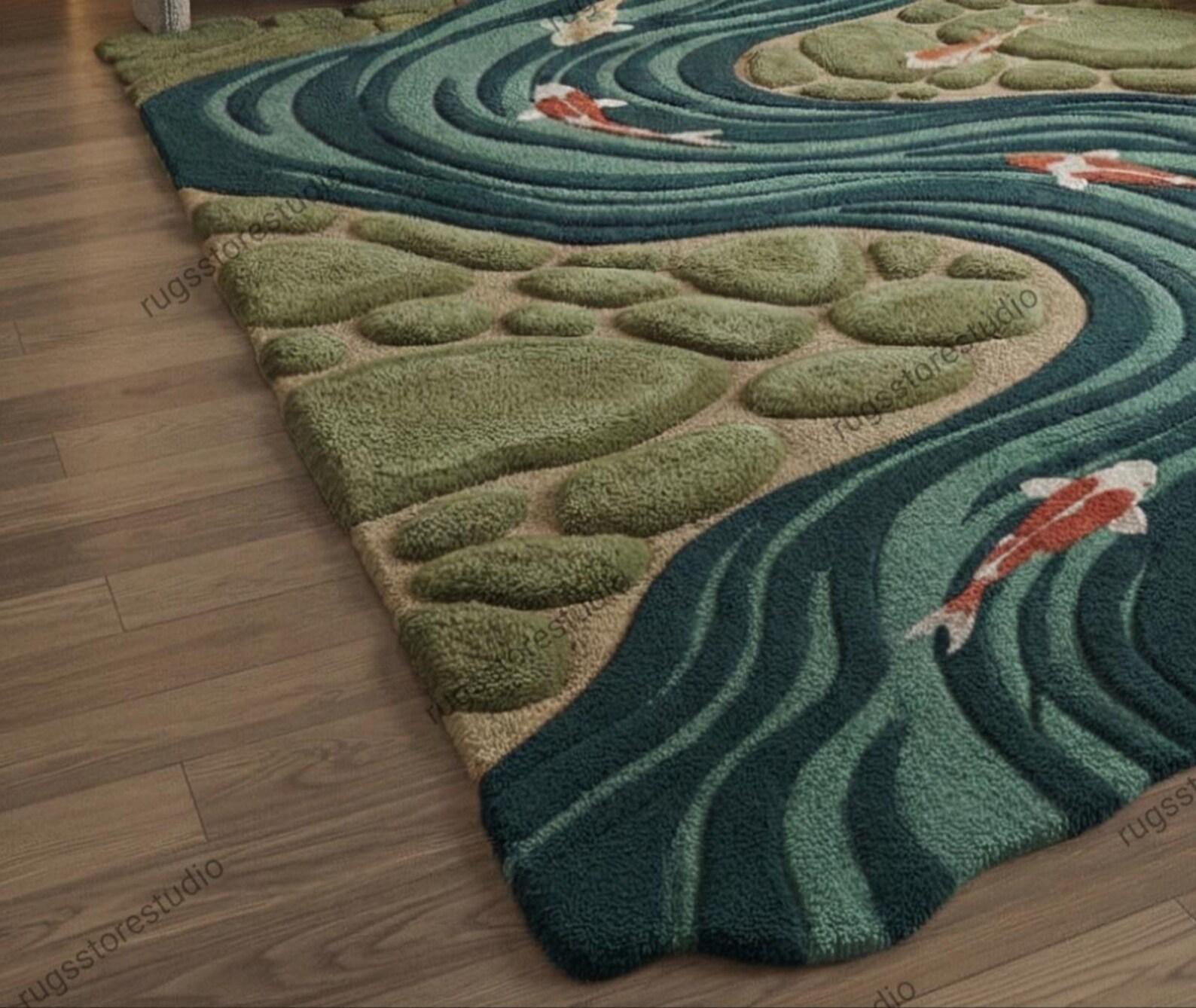 River Flow Koi Fish Hand-tufted Rug Textured Nature-inspired Moss Green ...