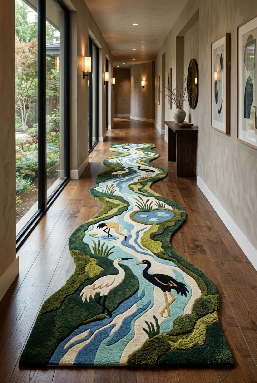 Hand Tufted Crane Runner Rug, River Design Hallway Rug, Nature Inspired ...