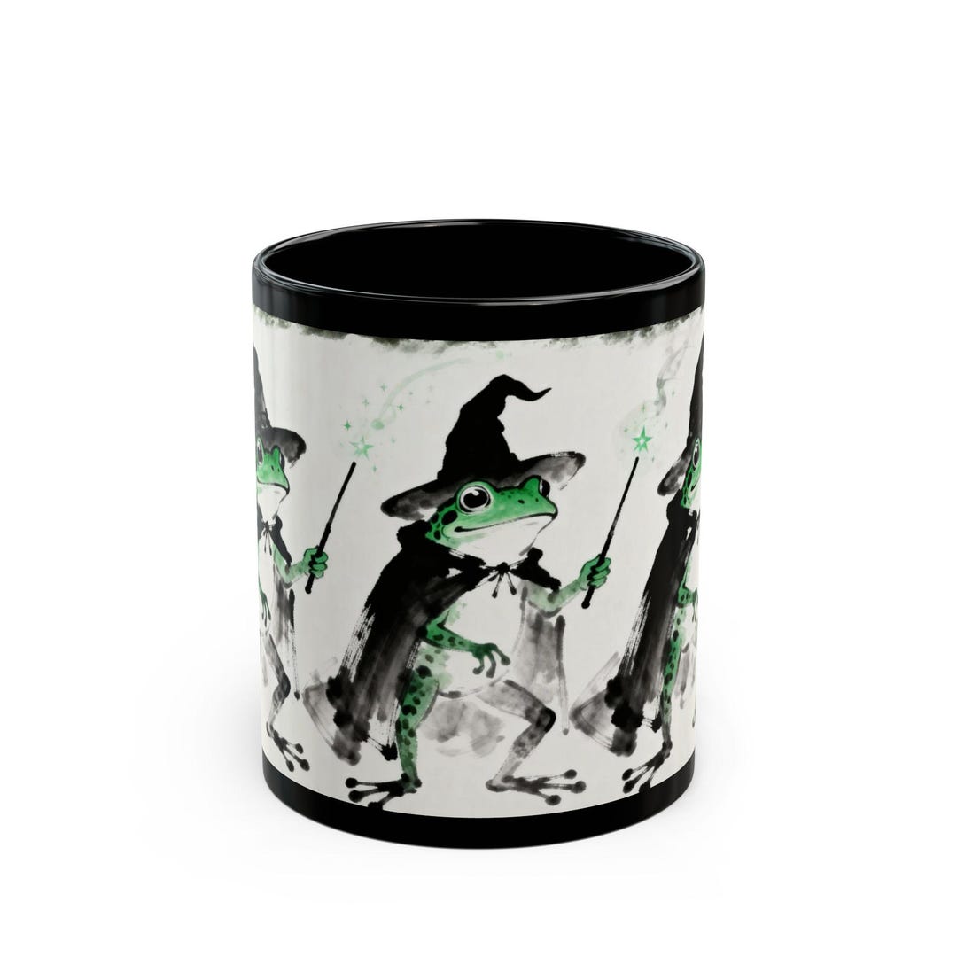 Magical, Whimsical Wizard Frogs Casting Chaos Spells Mug, Black Ceramic ...