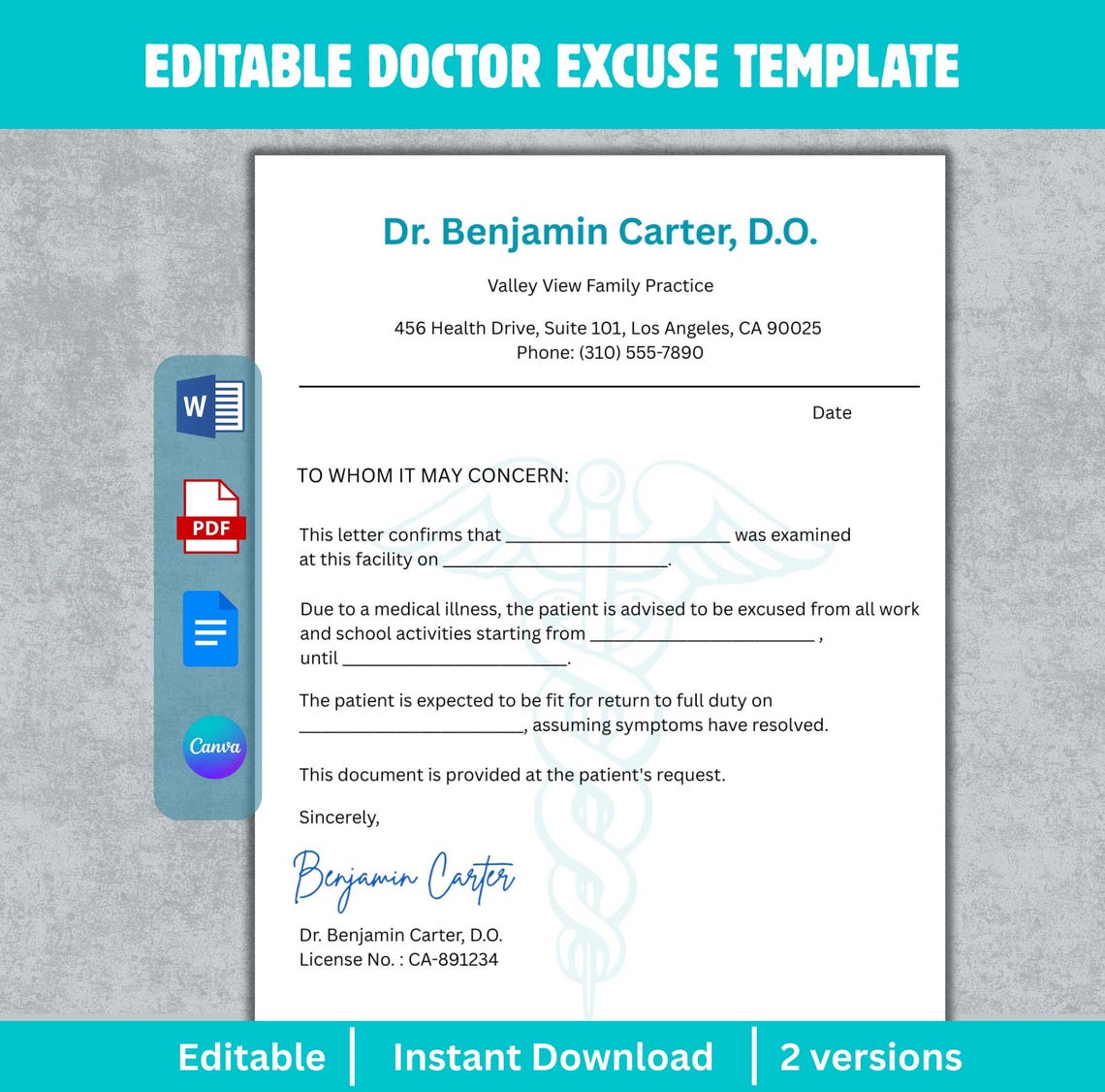 Editable Doctor Excuse Note Template, Printable Medical Sick Letter for ...