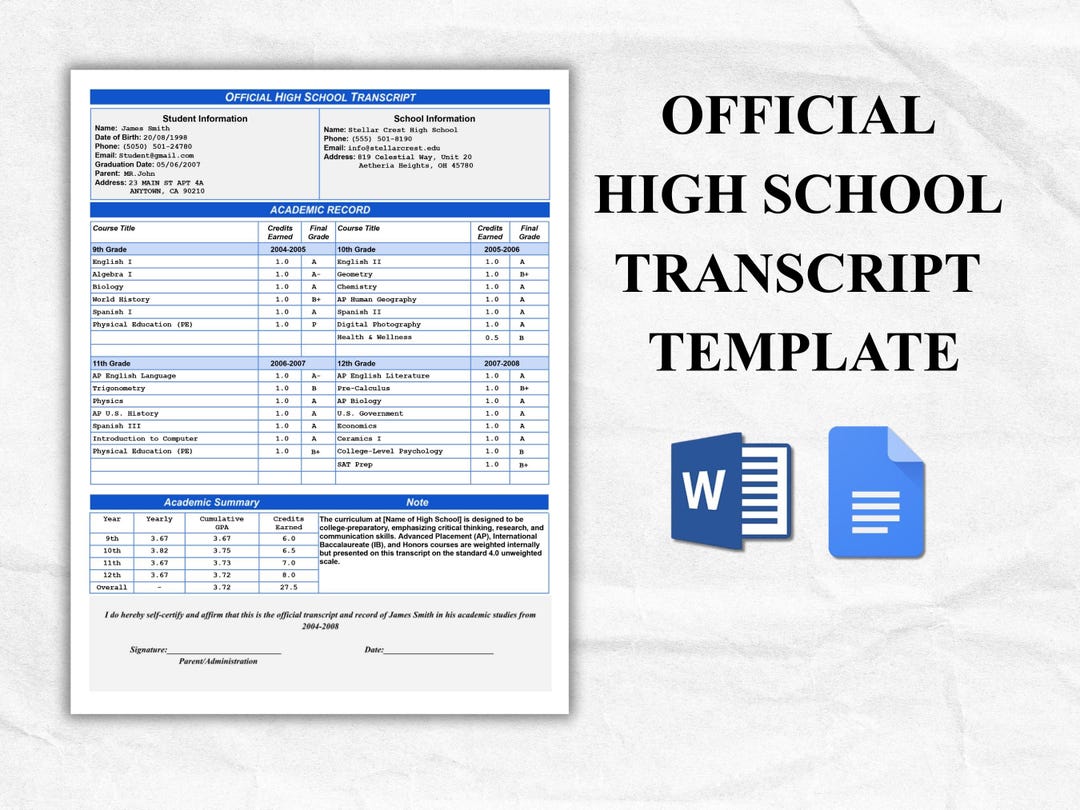 Fillable High School Transcript Template | Editable Official High ...