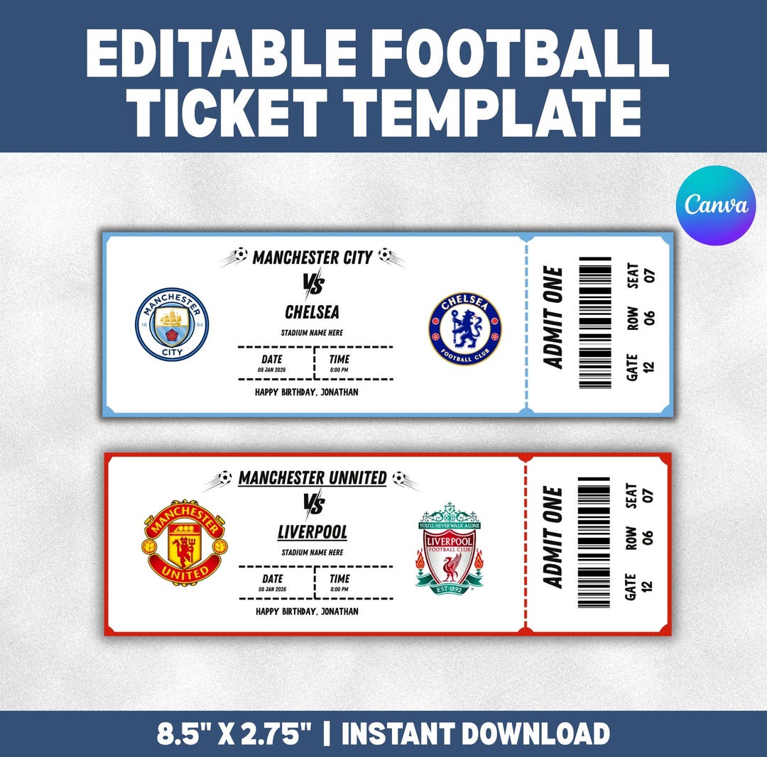 Editable Football Ticket Template | Printable Soccer Match Gift Reveal ...
