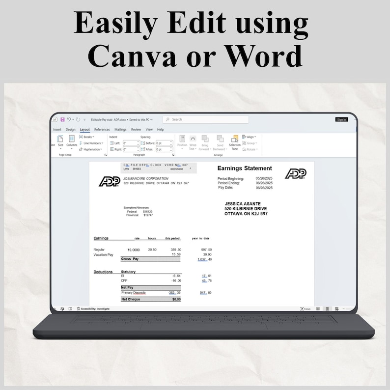 Editable Pay Stub Canva Template ADP Pay Stub Template Editable Canva ...