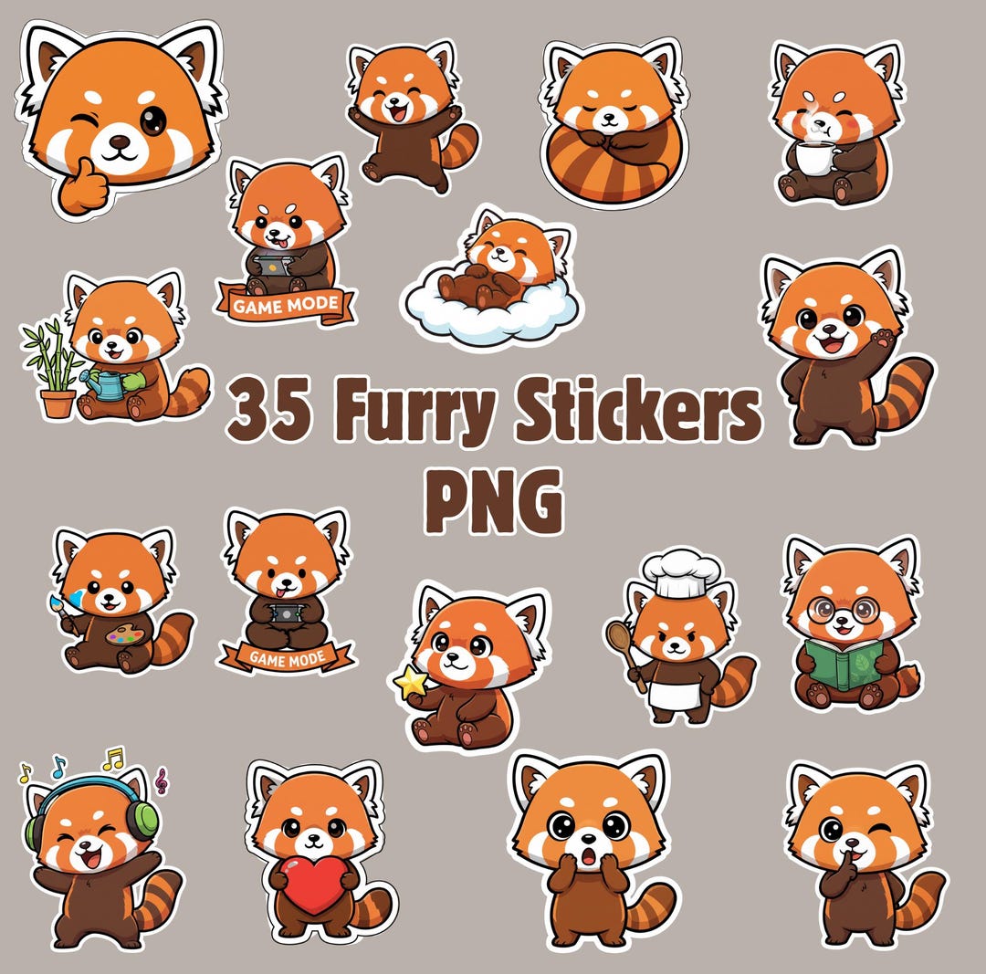 Furry Red Panda Digital Stickers | Chibi Clipart PNG Bundle for Planner ...