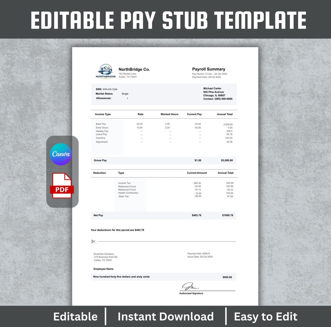 Editable Pay Stub Template Canva | Payroll Template A4 | Employee ...