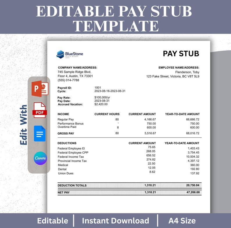 Editable Pay Stub Template | Payroll Paycheck Stub | Employee Payslip ...