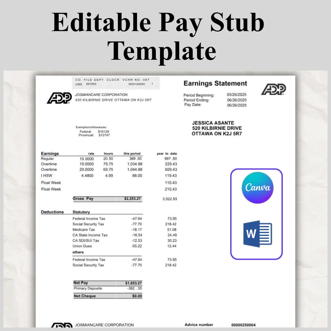 Editable Pay Stub Canva Template ADP Pay Stub Template Editable Canva ...