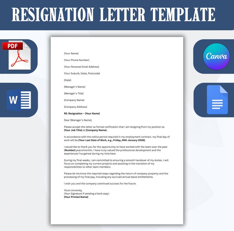 Resignation Letter Template for Word Canva Google Docs PDF ...