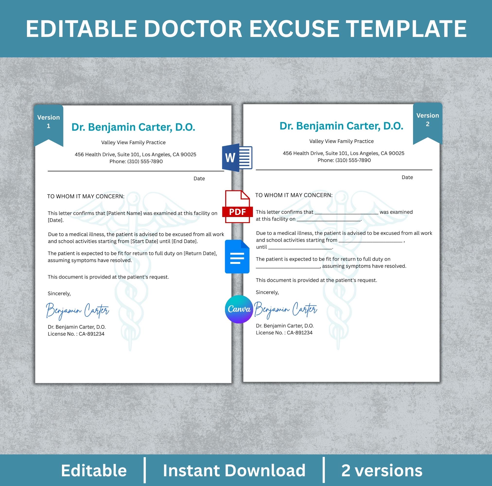 Editable Doctor Excuse Note Template, Printable Medical Sick Letter for ...