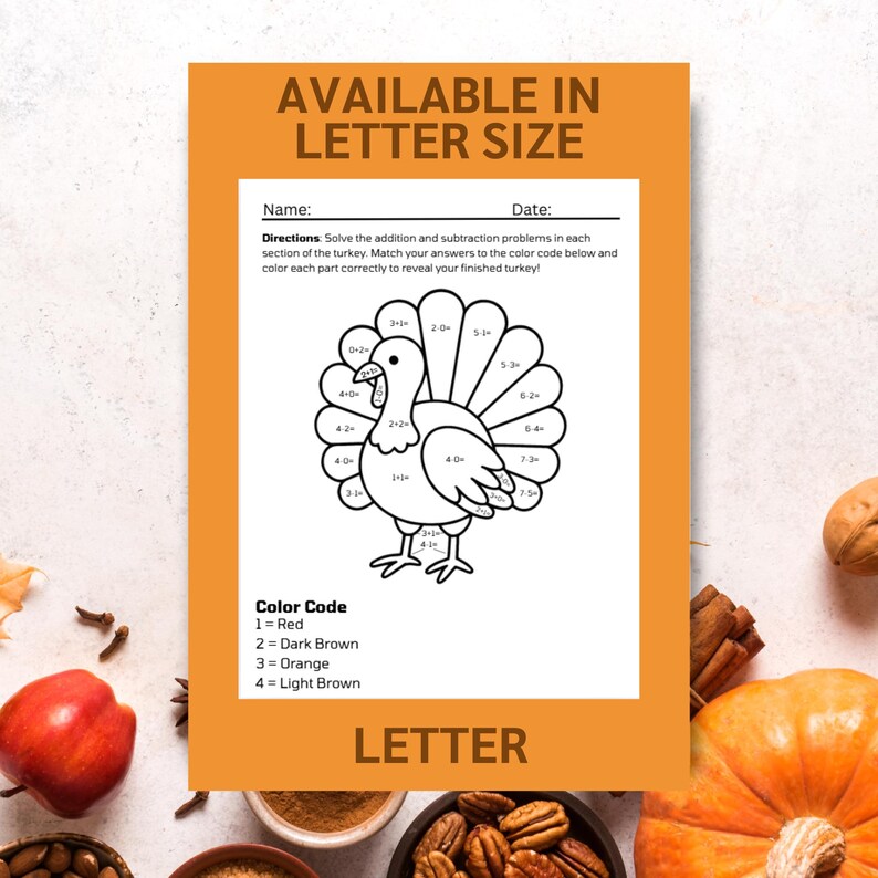 Thanksgiving Color by Number Worksheets, Fall Turkey Educational Math ...