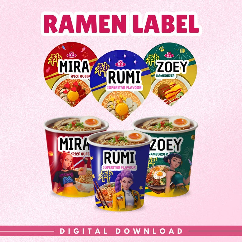 Kpop Demon Hunters, Huntrix Ramen Cup Noodles Labels, Kpop Ramyeon ...