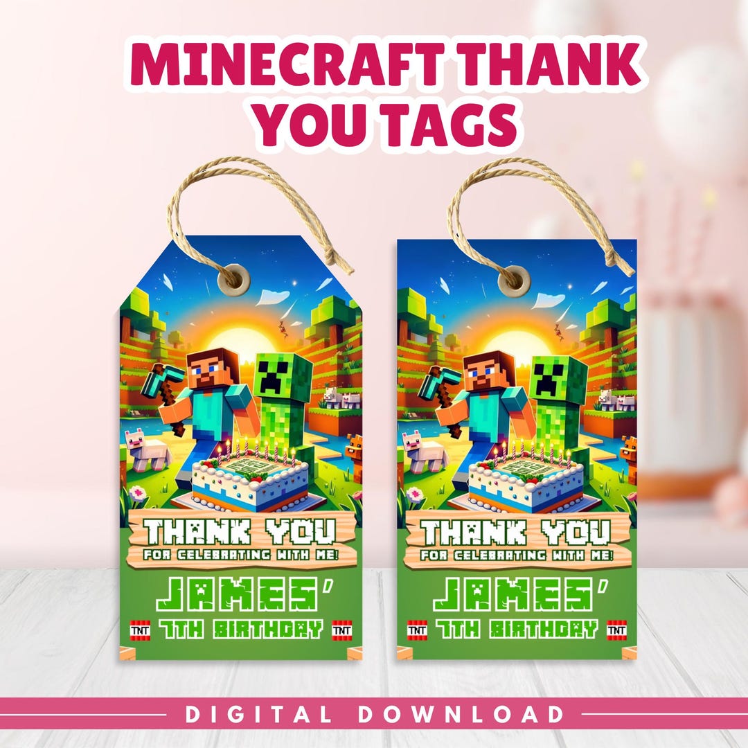 Minecrafter Birthday Thank You Tags, Minecrafter Party Favor Tags ...