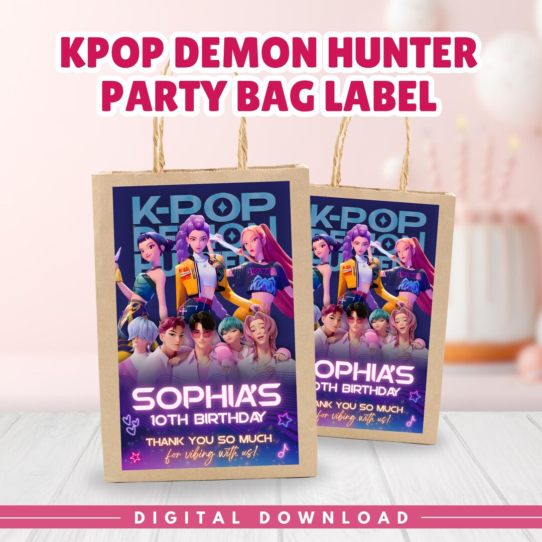 Kpop Demon Hunters Party Bag Labels | Huntrix Saja Boys Favor Bag ...
