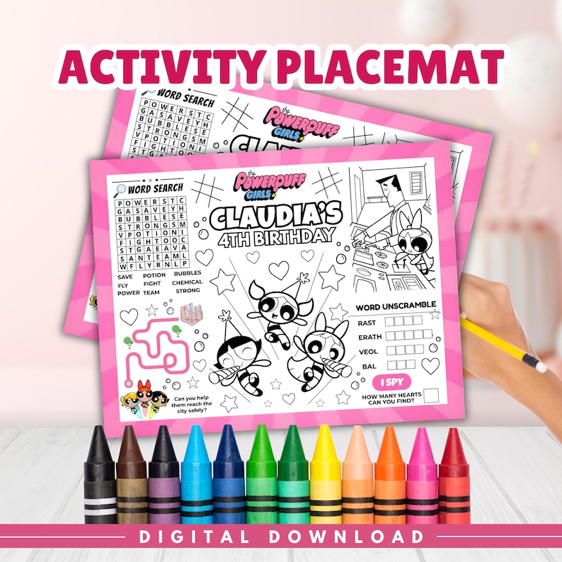 Editable Powerpuff Girls Activity Placemat Sheet, Personalized Girls ...