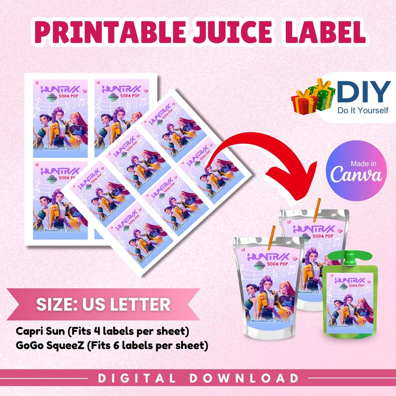 Kpop Demon Hunters, Huntrix Tonic Drink Wrapper, Gogo Squeez + Caprisun Juice Label, Rumi's ...