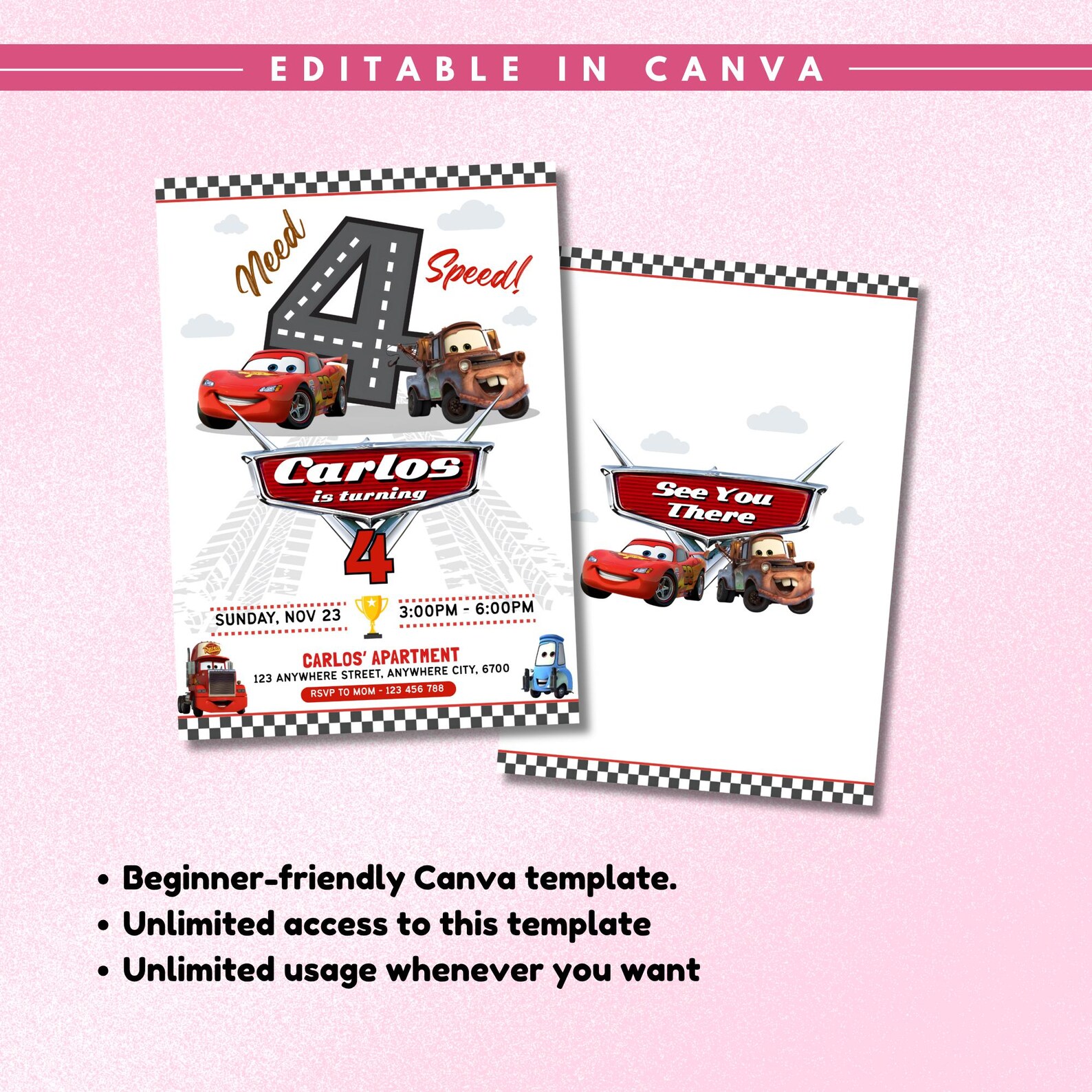 Need 4 Speed Racing Cars Invitation, Lightning Mcqueen Invitation, Cars ...