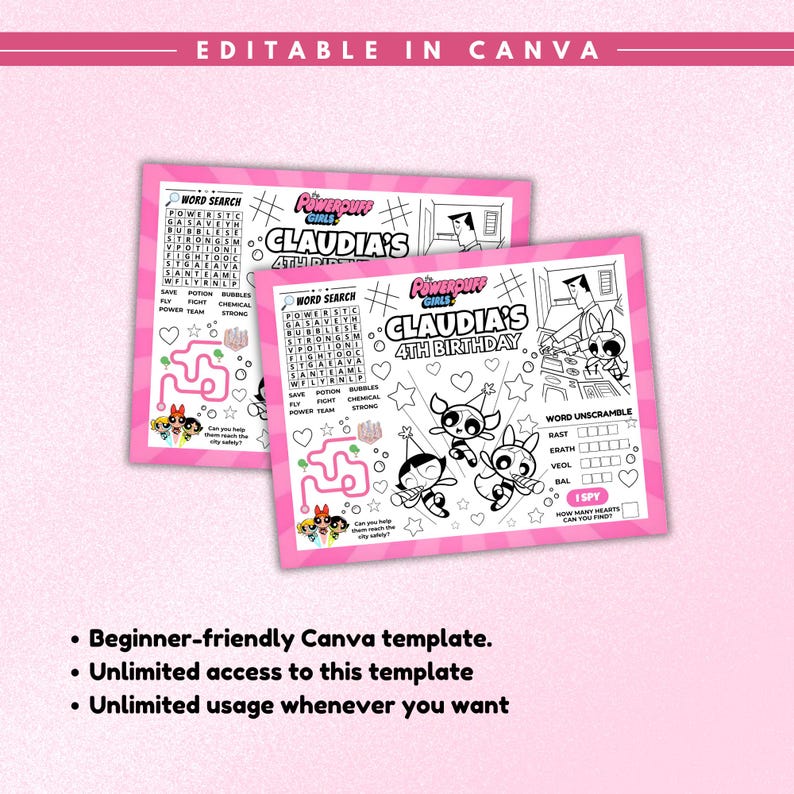 Editable Powerpuff Girls Activity Placemat Sheet, Personalized Girls ...