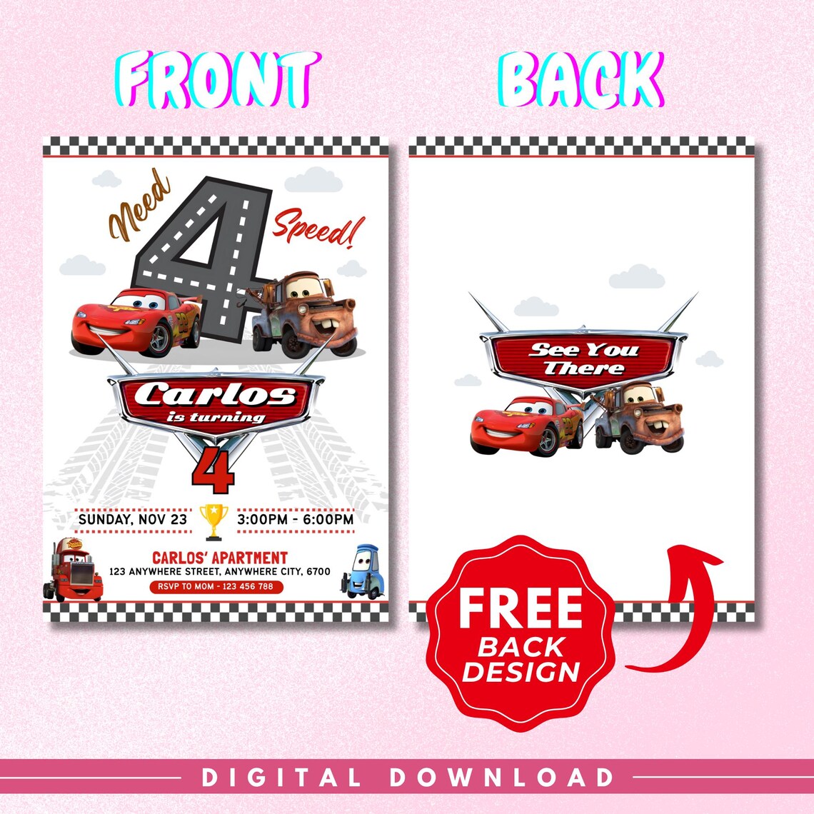 Need 4 Speed Racing Cars Invitation, Lightning Mcqueen Invitation, Cars ...