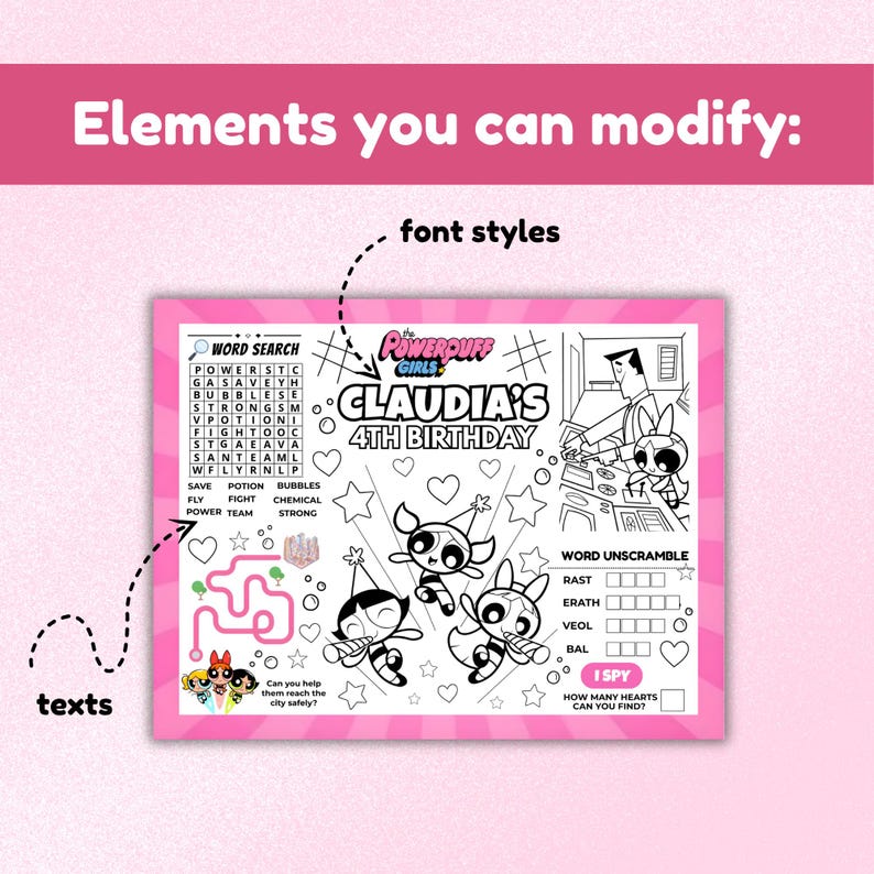 Editable Powerpuff Girls Activity Placemat Sheet, Personalized Girls ...