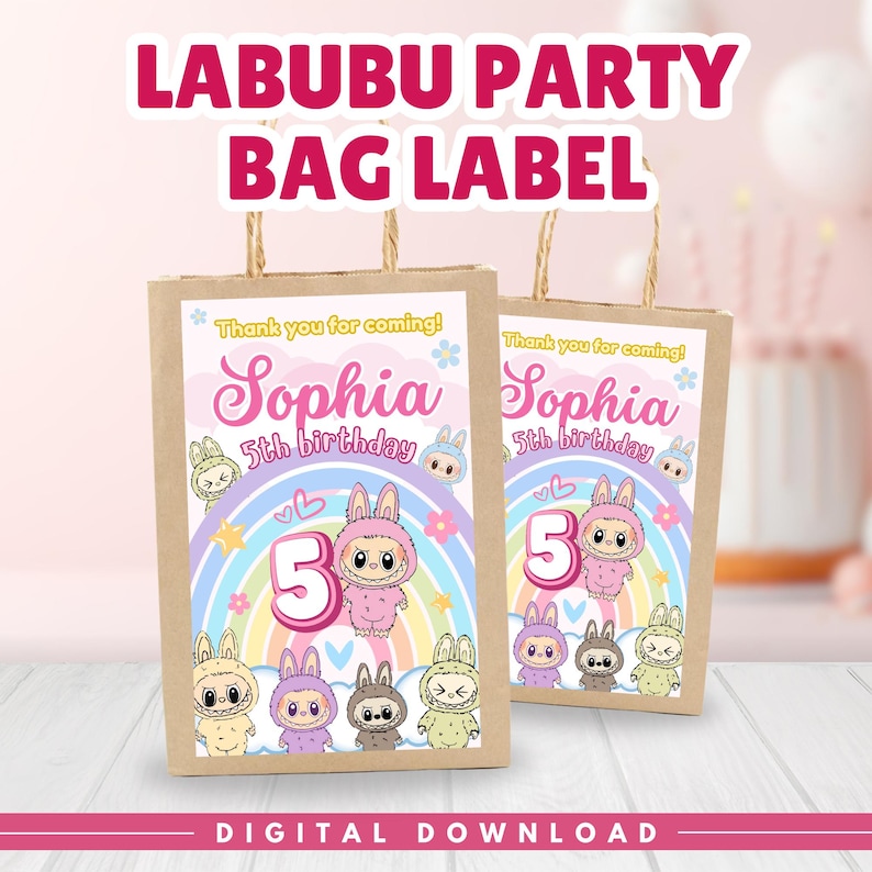 Labubu Party Bag Label, Labubu Birthday Gift Bag Label, Editable Labubu ...