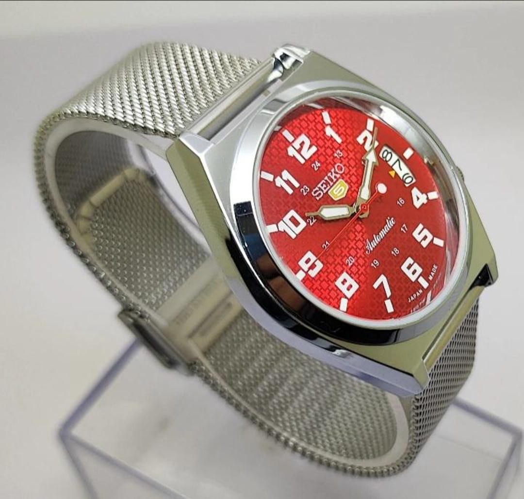 Vintage Seiko 5 Automatic Wrist Watch Red Dial Stainless Steel Band - Etsy