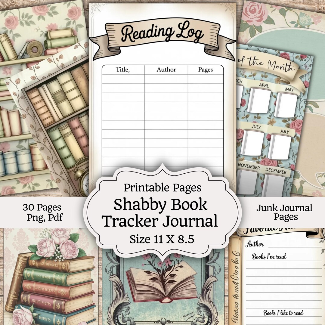 Shabby Chic Book Tracker Junk Journal Kit - No-sew Printable Reading ...