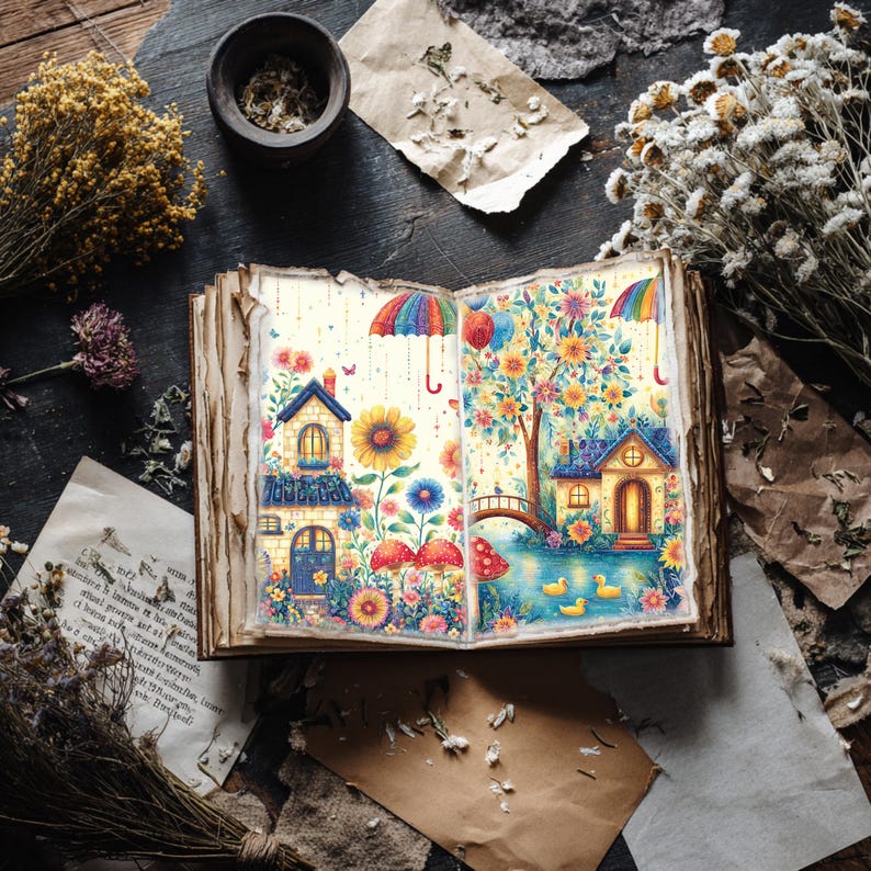 Whimsical Spring Junk Journal Pages | Cottagecore Rainbow Printables ...