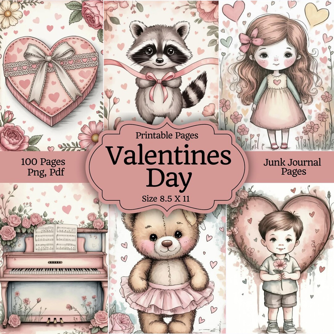 Animal Valentine's Day Junk Journal Kit, Printable Love Pages, Digital ...
