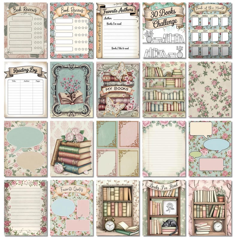 Shabby Chic Book Tracker Junk Journal Kit - No-sew Printable Reading ...
