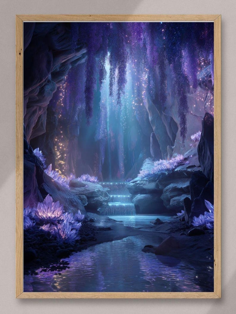 Crystal Cave Waterfall Print – Dreamlike Luminescent Cavern Art ...