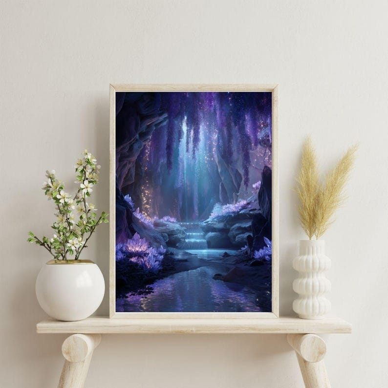 Crystal Cave Waterfall Print – Dreamlike Luminescent Cavern Art ...