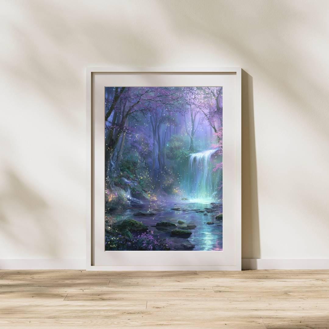 Enchanted Waterfall Forest Print – Mystical Fairy Tale Landscape ...