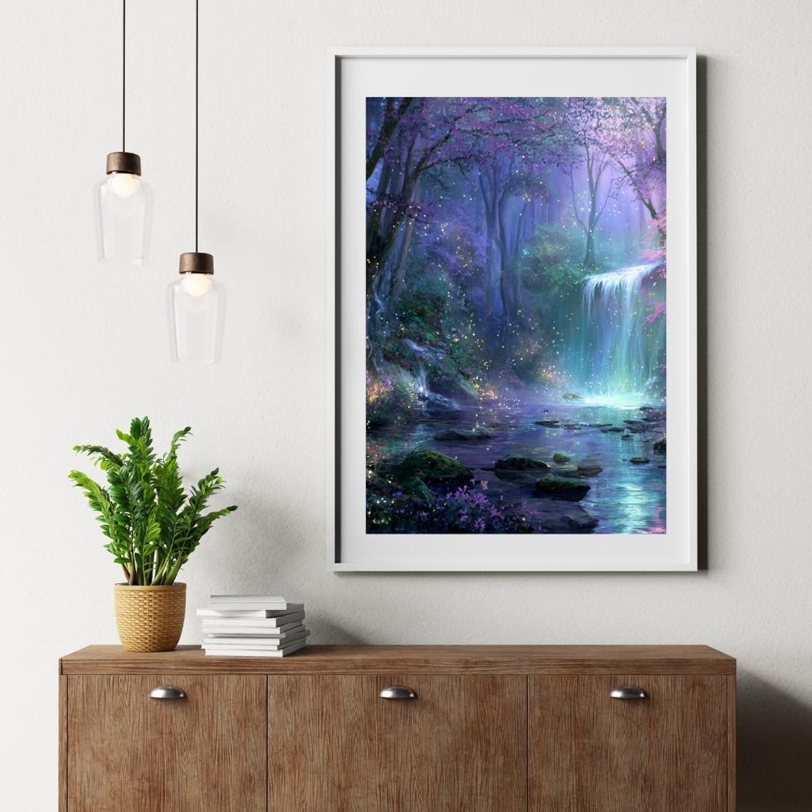 Enchanted Waterfall Forest Print – Mystical Fairy Tale Landscape ...