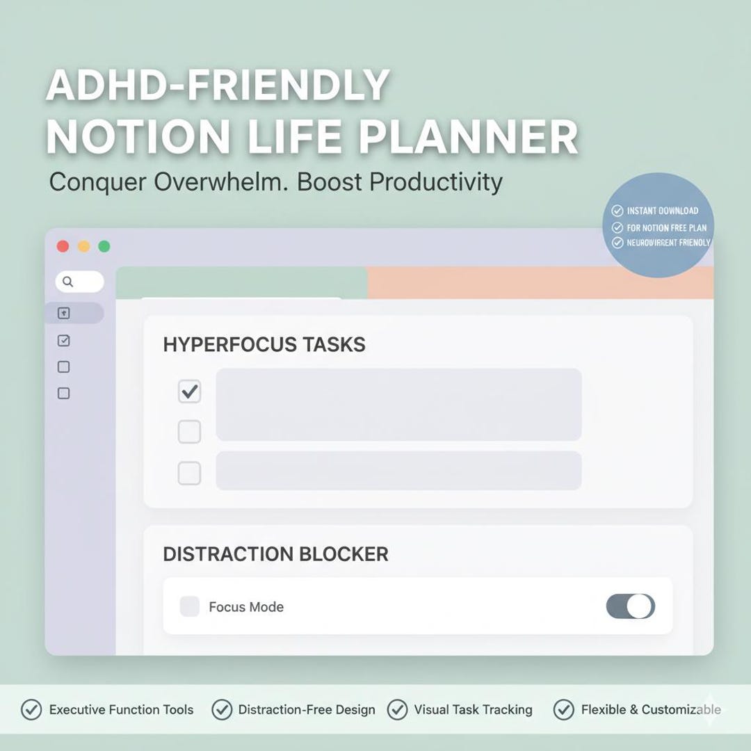 ADHD Notion Template | Life & Focus Digital Planner | Executive ...