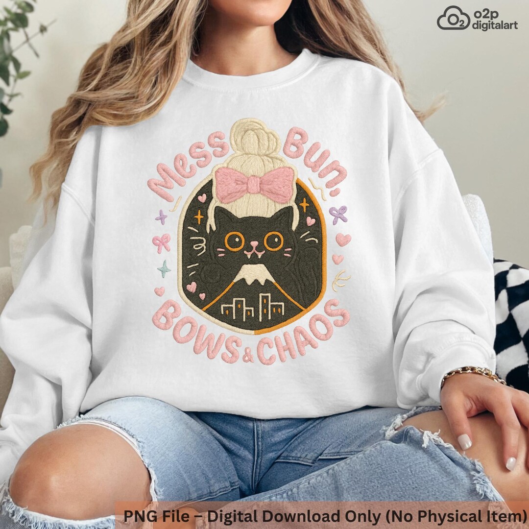 Messy Bun Bows & Chaos PNG | Coquette Embroidered Cat Clipart With Bow ...