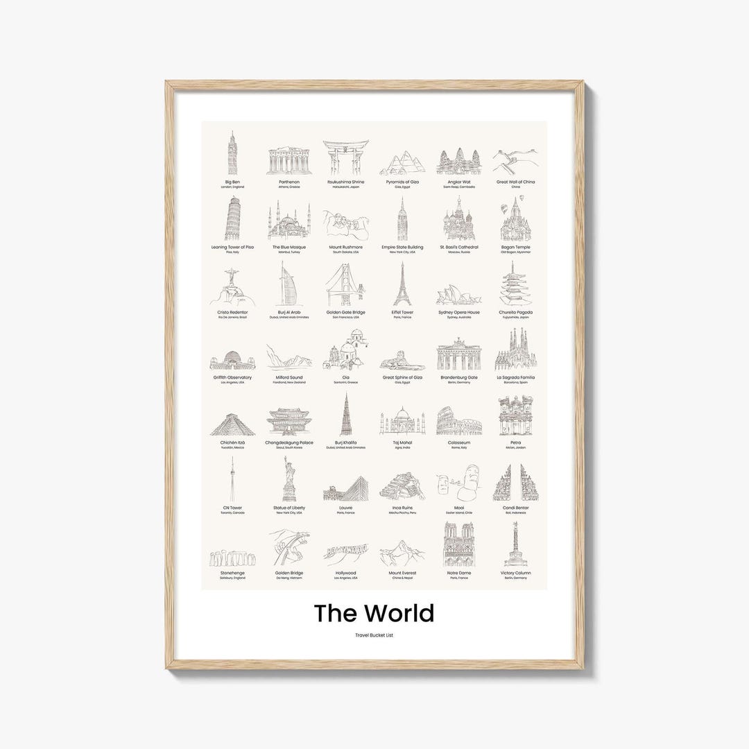 World Bucket List Poster, Travel Landmarks Print, Famous Monuments Art ...