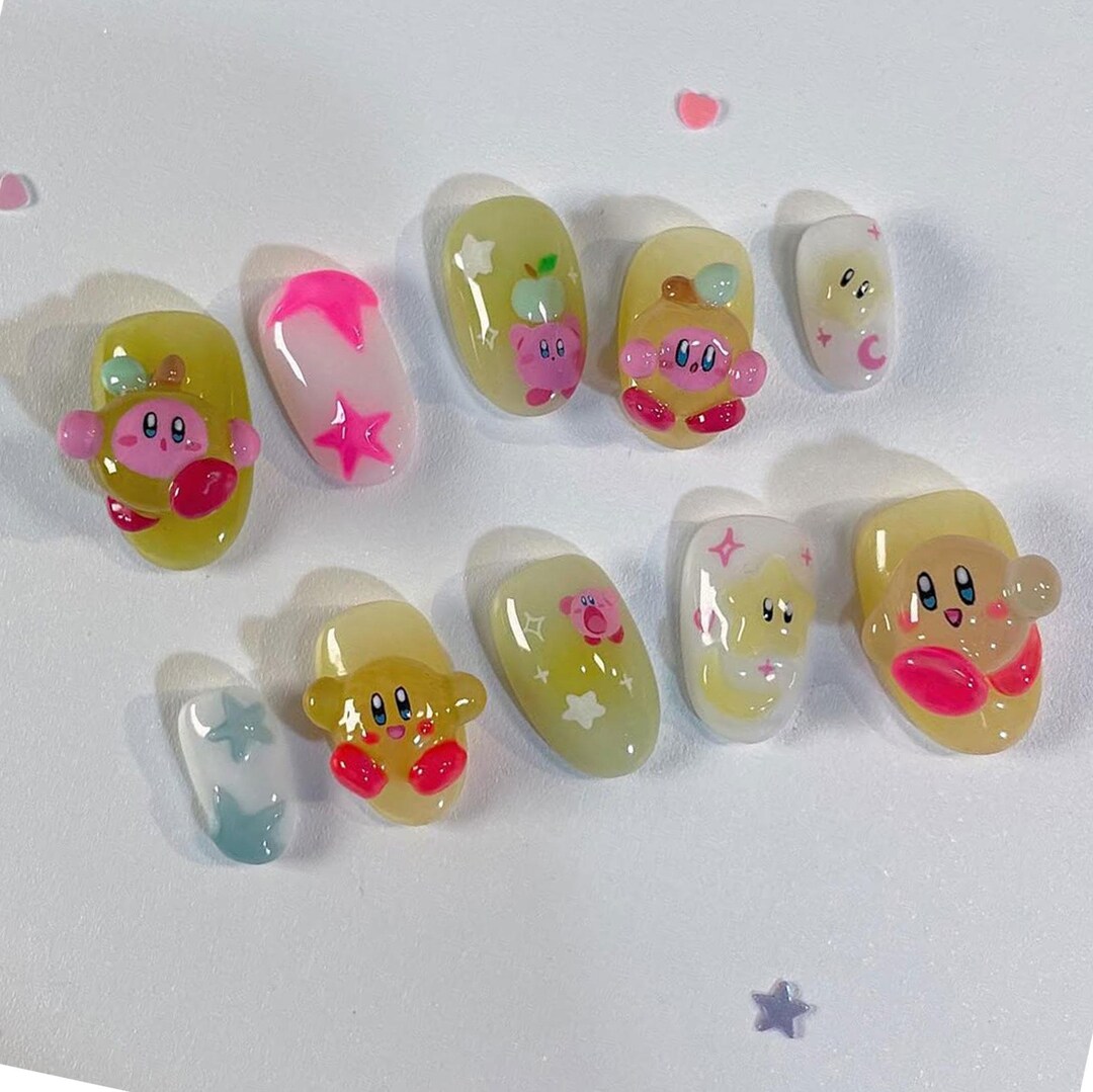 Handmade Dreamy Kirby Press on Nails | 3D Pink Kirby & Star Charms ...