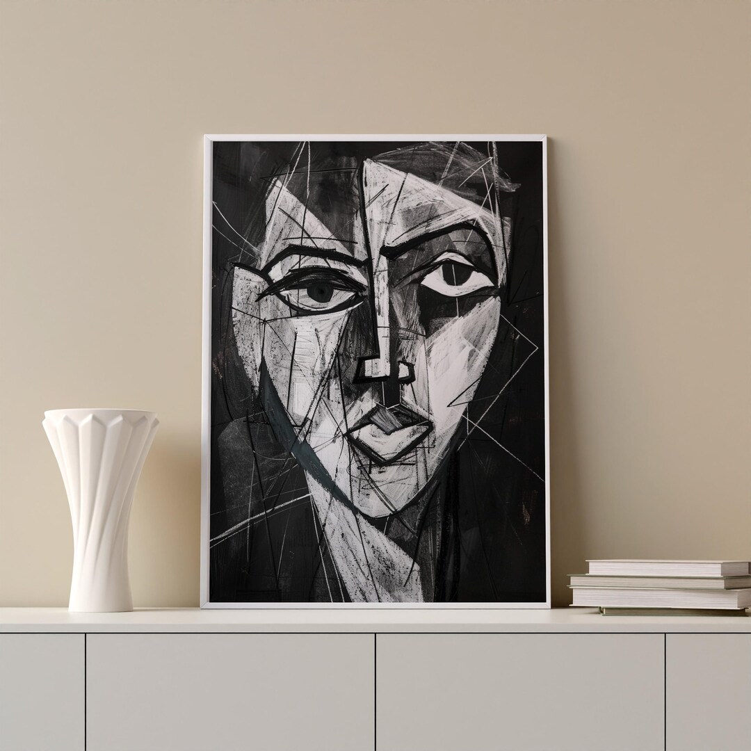 Abstract Face Art Print, Black and White Cubist Portrait, Geometric ...
