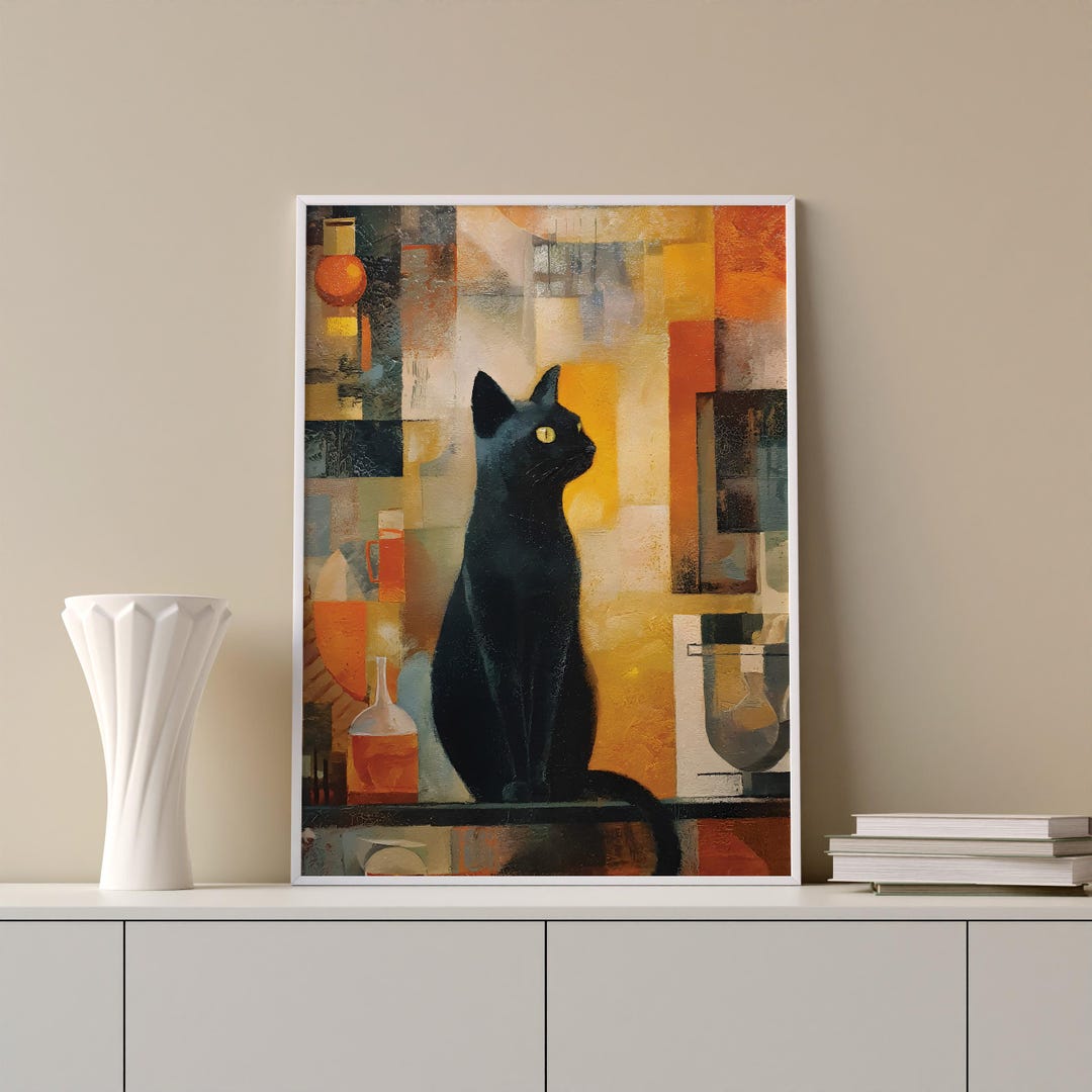 Cubist Style Cat, Mid Century Modern Decor, Orange and Yellow Art ...