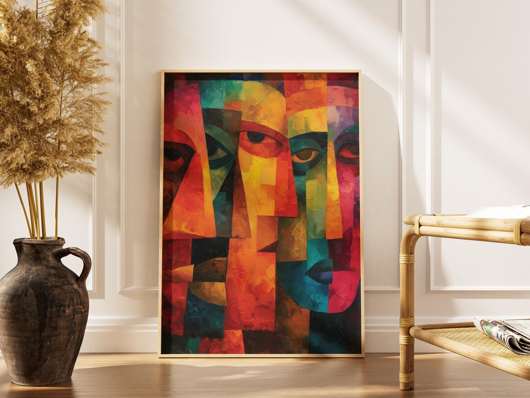 Cubist Faces Wall Art, Abstract Figurative Painting, Layered Portrait ...