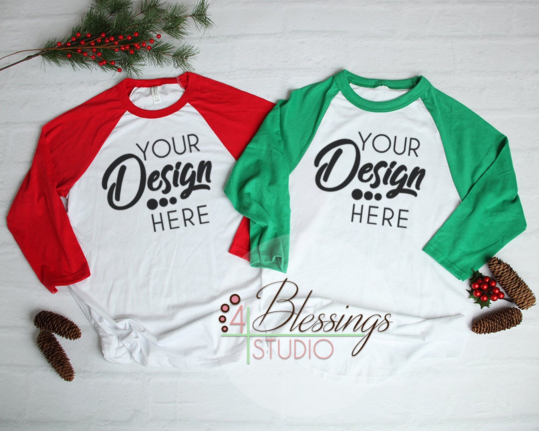 Christmas Raglan Shirt Mockup Bella Canvas 3200 Baseball Tshirt Red and ...
