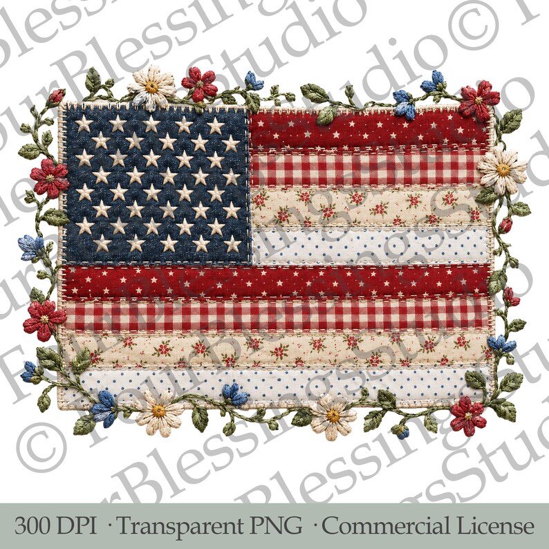 Faux Patchwork Flag PNG American Flag Floral Gingham Fabric Patches Red ...