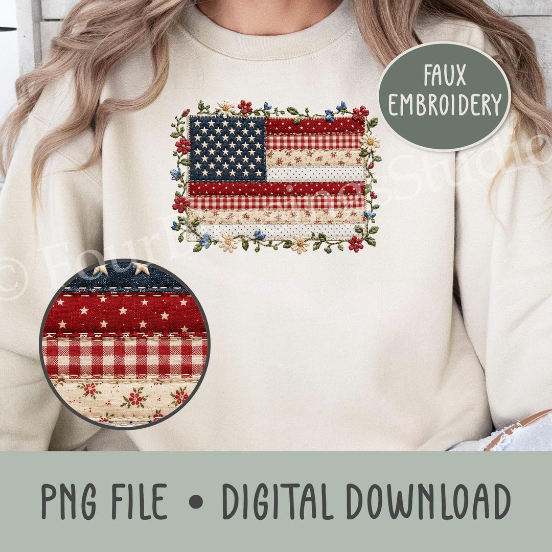 Faux Patchwork Flag PNG American Flag Floral Gingham Fabric Patches Red ...