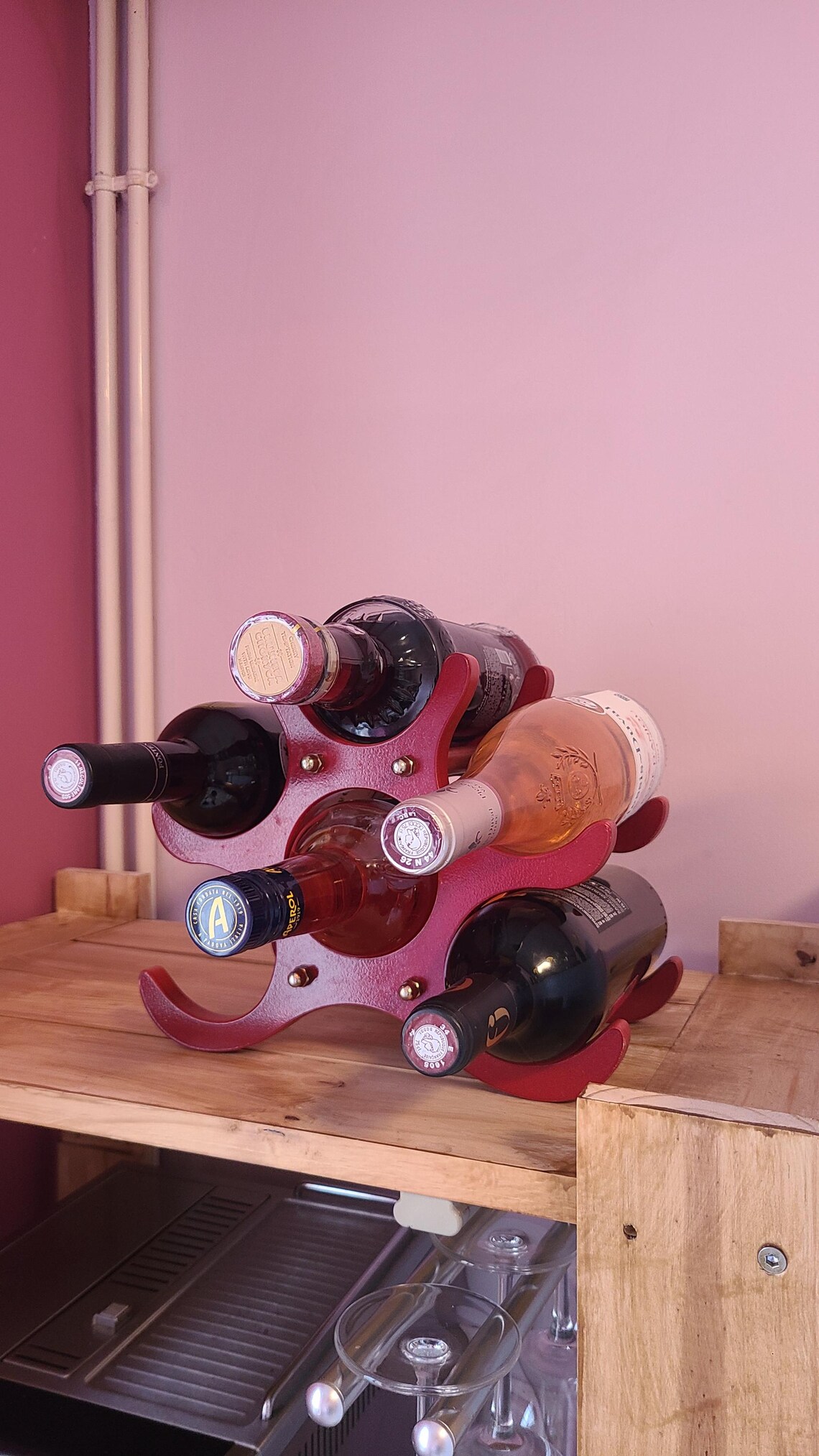 Red Wooden Wine Rack Countertop | 6-bottle Mid-century Modern Wine ...