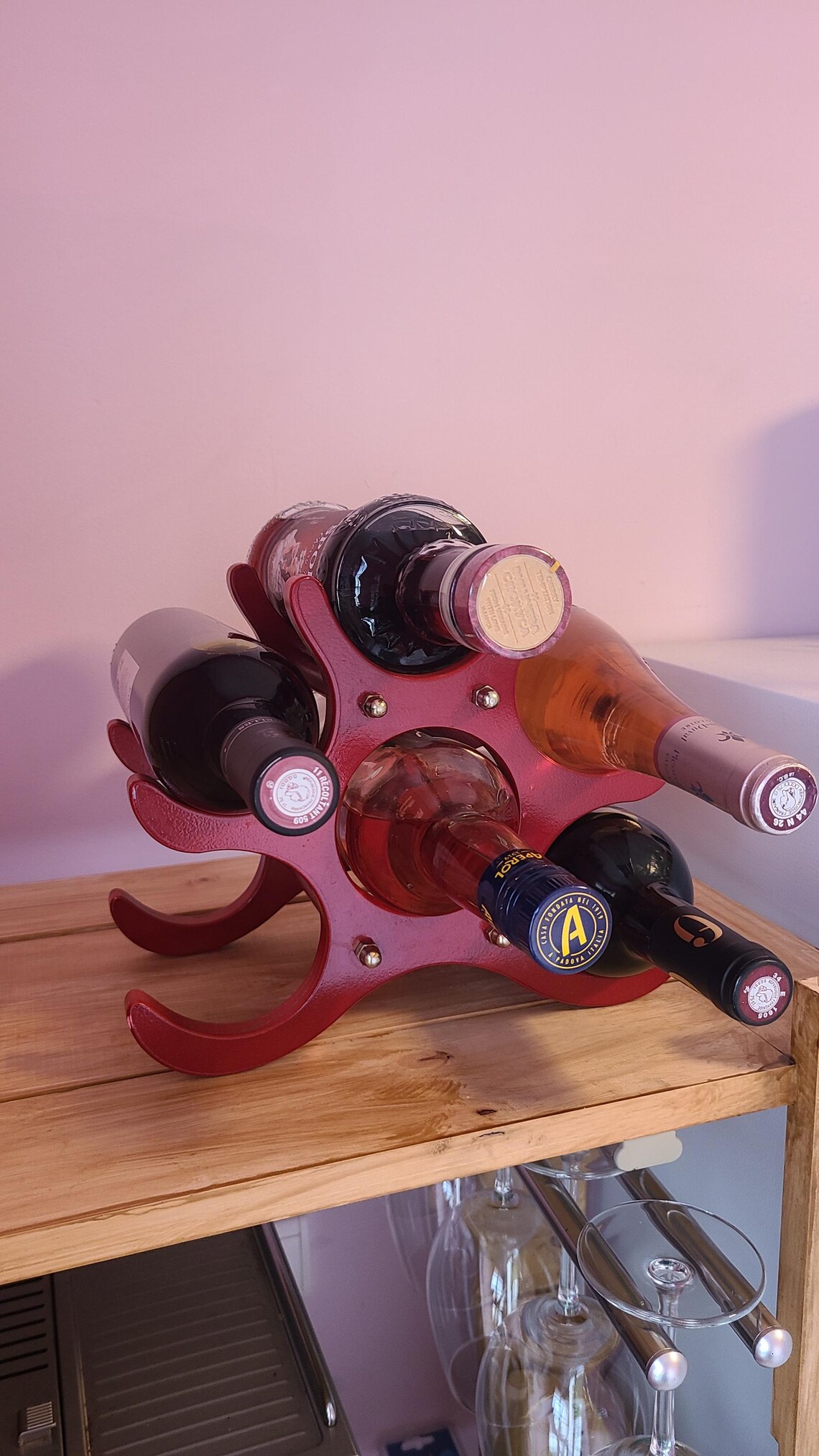 Red Wooden Wine Rack Countertop | 6-bottle Mid-century Modern Wine ...